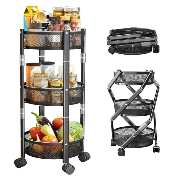 3-Tier Foldable Storage Rack with Wheels, Metal Snack Cart for Living ...